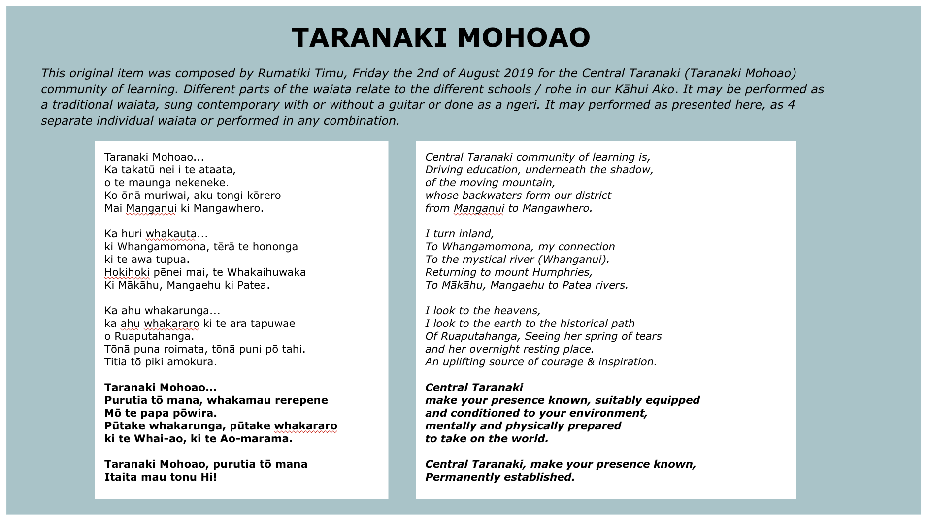 TARANAKI MOHOAO – Our Waiata – Te Kāhui Ako o